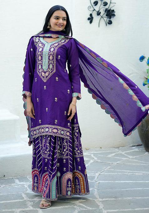 Buy Women Violet Embroidered Silk Kurta Set - XKS14051 - Fits for ...