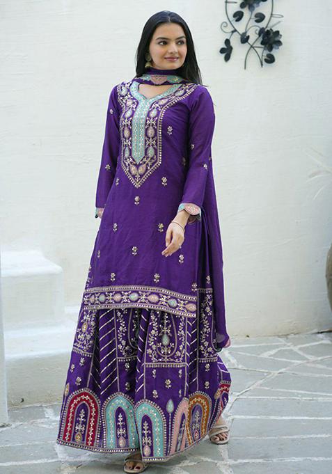 Buy Women Violet Embroidered Silk Kurta Set - XKS14051 - Fits for ...