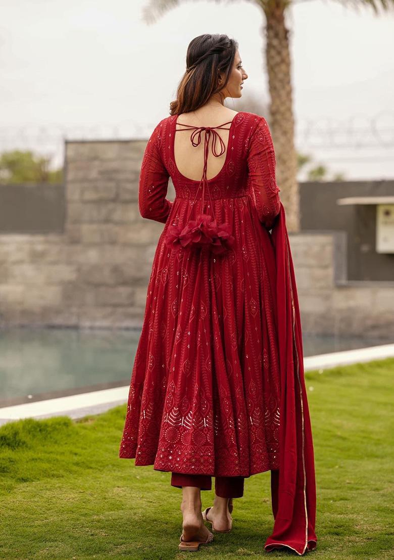 Buy Women Maroon Embroidered Georgette Anarkali Set - XKS14947 - Salwar ...