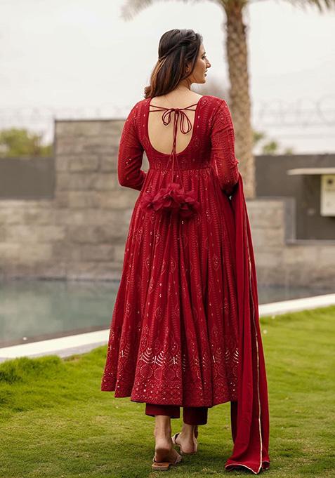 Buy Women Maroon Embroidered Georgette Anarkali With Dupatta - XKS14947 ...