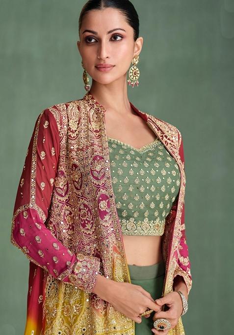 Buy Women Olive Embroidered Georgette Jacket Set - XKS15623 - Crop Top ...