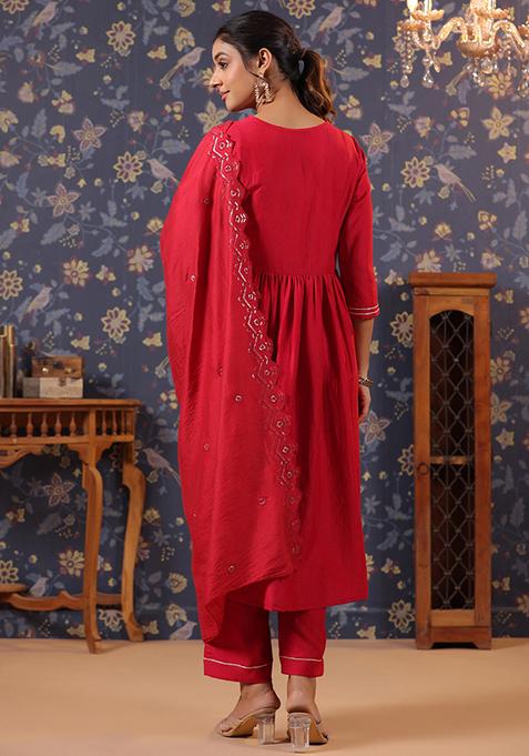 Buy Women Red Embroidered Cotton Kurta Set - XKS16447 - Three Piece Set ...