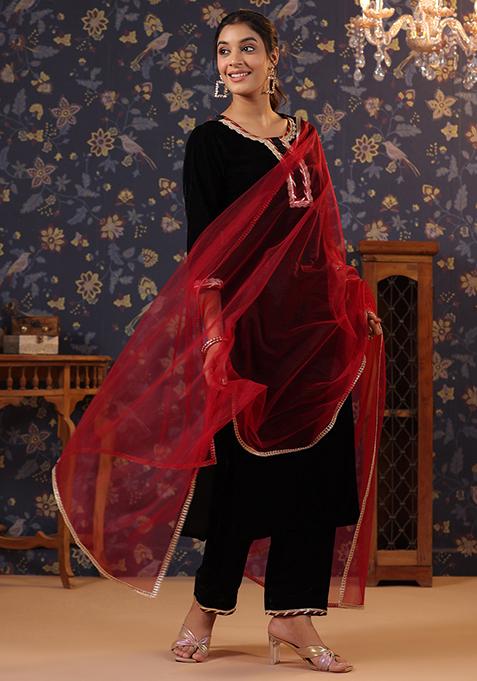Buy Women Black Velvet Kurta Set - XKS16495 - Kurta Sets - Indya