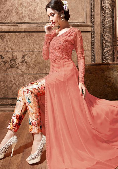 Buy Women Peach Embroidered Georgette Salwar Kameez - XKS16522 - Kurta ...