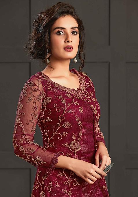 Buy Women Wine Embroidered Net Salwar Kameez - XKS16572 - New Arrival ...