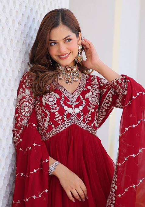 Buy Women Red Sequin Embroidered Faux Georgette Anarkali Set - XKS17148 ...