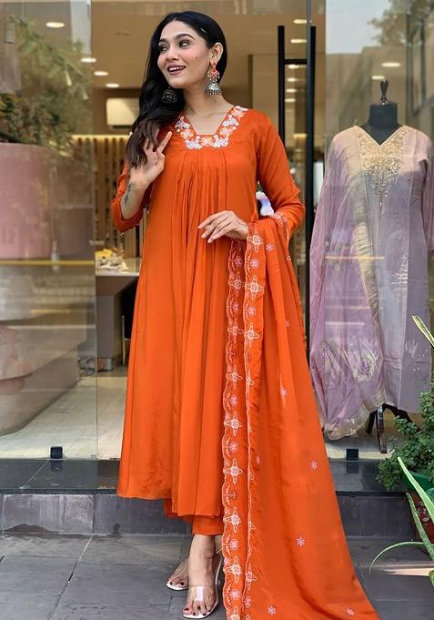 Buy Women Orange Embroidered Silk Kurta Set - XKS19730 - Kurta Sets - Indya