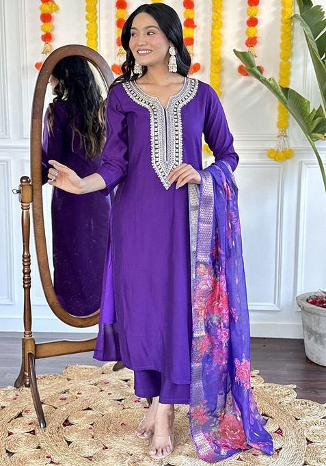 Buy Women Violet Floral Print Poly Blend Kurta Set - XKS19734 - Kurta ...
