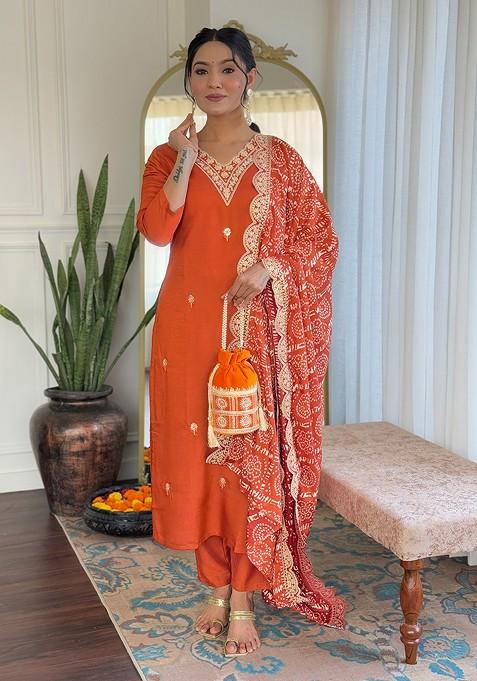 Buy Women Rust Embroidered Poly Blend Kurta Set - XKS19749 - Kurta Sets ...