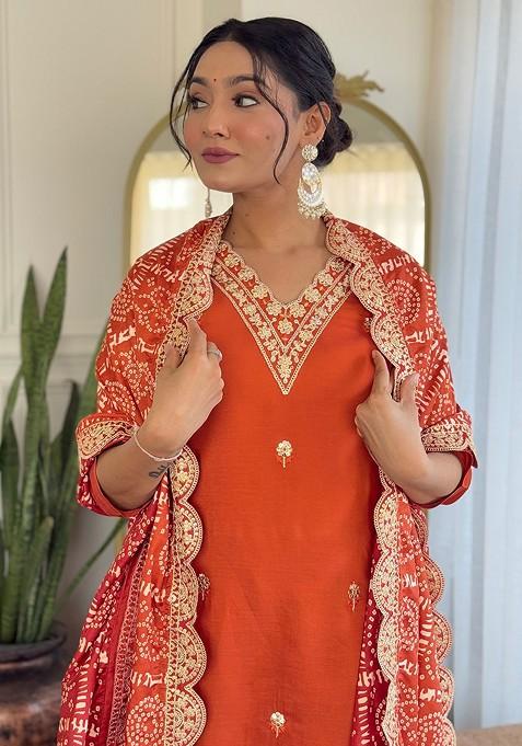 Buy Women Rust Embroidered Poly Blend Kurta Set - XKS19749 - Kurta Sets ...