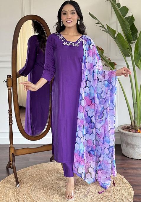 Buy Women Violet Floral Print Poly Blend Kurta Set - XKS19764 - Three ...