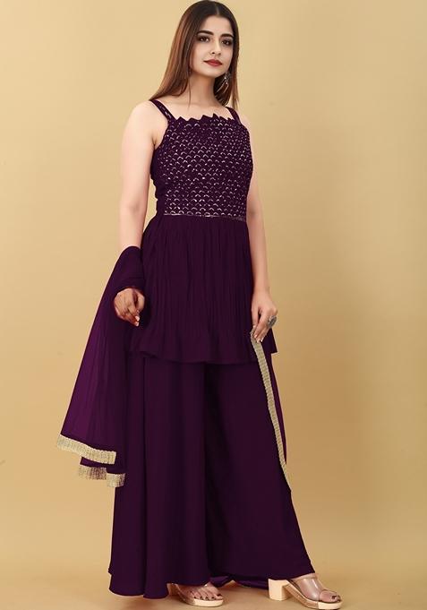 Buy Women Wine Embroidered Polyester Salwar Kameez - XKS21828 - Three ...