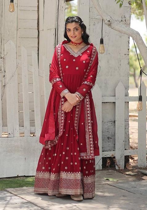 Buy Women Maroon Sequin Embroidered Georgette Salwar Kameez - XKS21852 ...