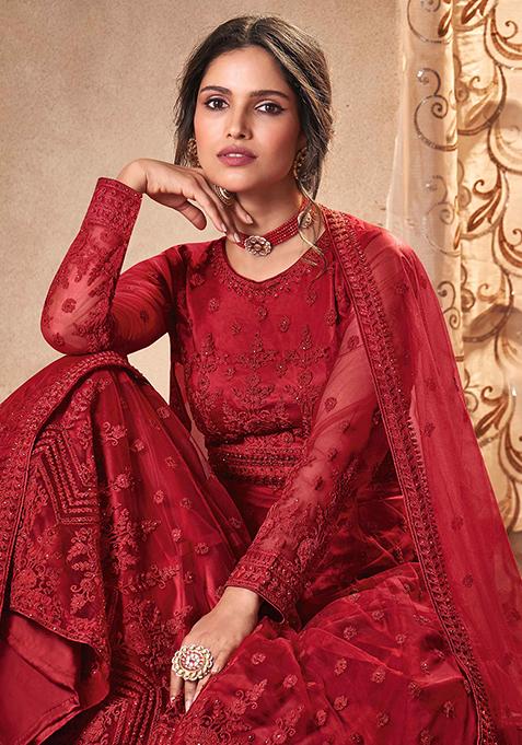 Buy Women Red Embroidered Net Salwar Kameez - XKS21897 - Salwar Kameez ...