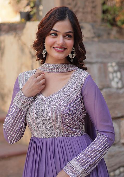 Buy Women Lavender Embroidered Georgette Anarkali With Dupatta ...