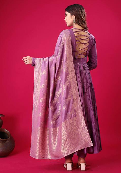 Buy Women Lavender Embroidered Silk Anarkali Set - XKS22614 - Salwar ...