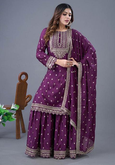 Buy Women Purple Embroidered Silk Sharara Set - XKS22626 - Sharara Sets ...