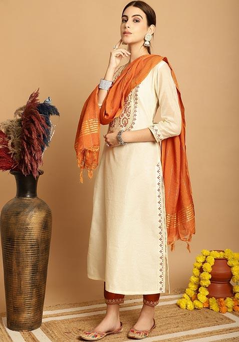 Buy Women Cream Embroidered Chanderi Straight Kurta Set - XKS22741 ...