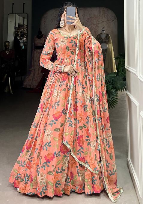 Buy Women Peach Printed Georgette Salwar Kameez - XKS29973 - Kurta Sets ...