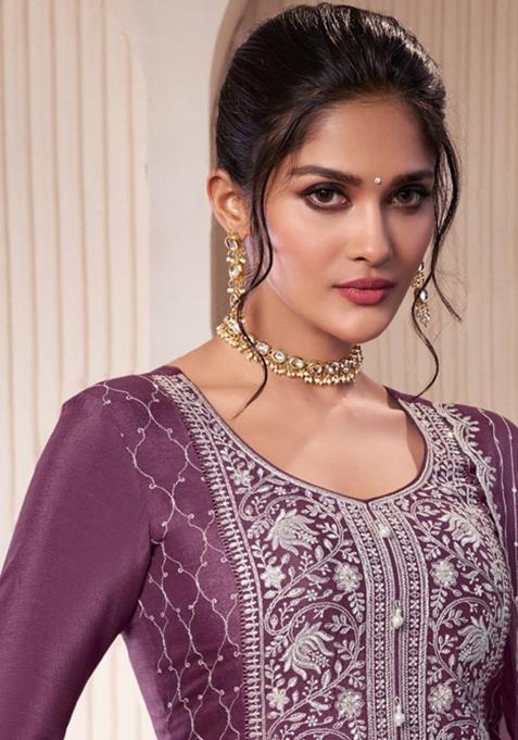 Buy Women Purple Embroidered Art Silk Sharara Set With Dupatta ...