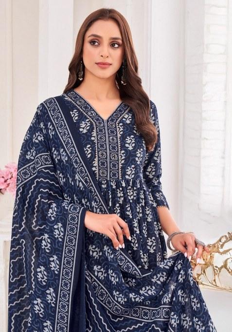 Buy Women Navy Blue Printed Cotton Salwar Kameez With Dupatta ...