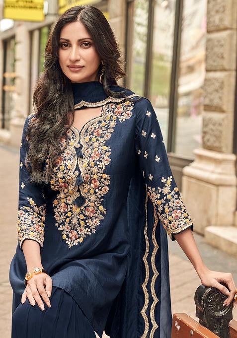 Buy Women Navy Blue Embroidered Silk Sharara Set With Dupatta ...