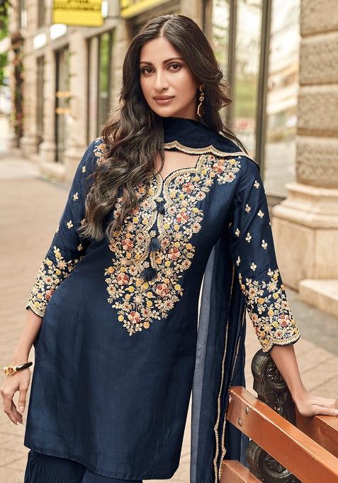 Buy Women Navy Blue Embroidered Silk Sharara Set With Dupatta ...