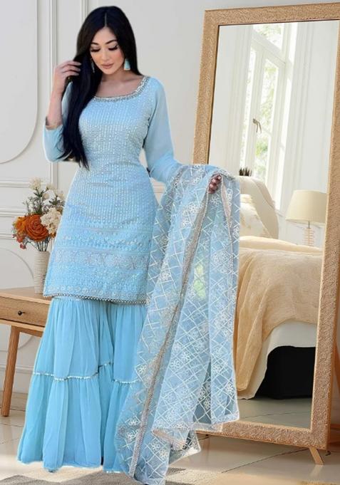 Buy Women Sky Blue Embroidered Georgette Sharara Set - XKS56423 ...