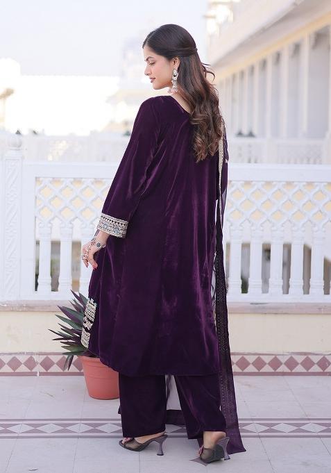 Buy Women Wine Sequence Velvet Kurta Set - XKS78904 - Three Piece Set ...