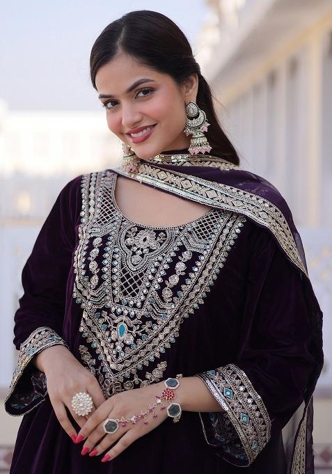 Buy Women Wine Sequence Velvet Kurta Set - XKS78904 - Three Piece Set ...