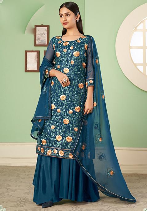 Buy Women Blue Embroidered Georgette Kurta Set - XKU00005 - Wedding ...