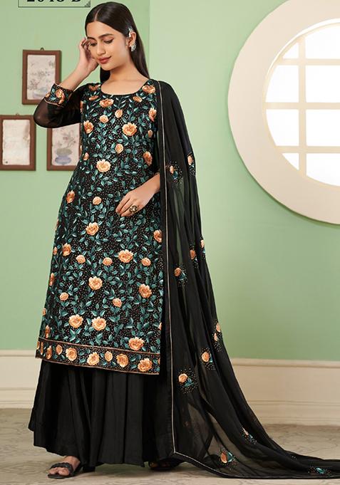 Buy Women Black Embroidered Georgette Kurta Set - XKU00006 - Wedding ...