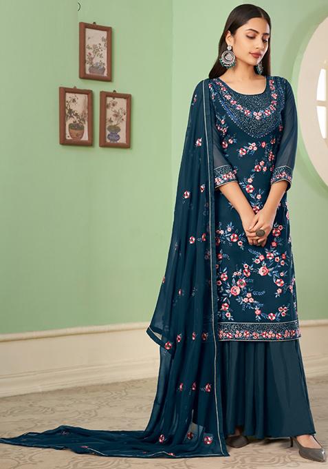 Buy Women Blue Embroidered Georgette Kurta Set - XKU00013 - Wedding ...