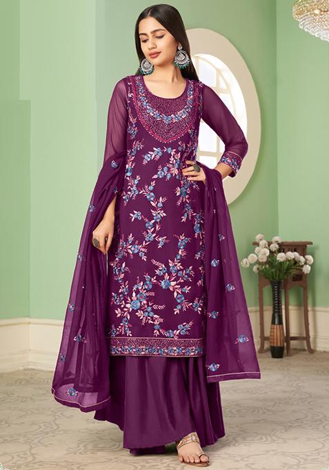 Buy Women Violet Embroidered Georgette Kurta Set - XKU00014 - Clothing ...