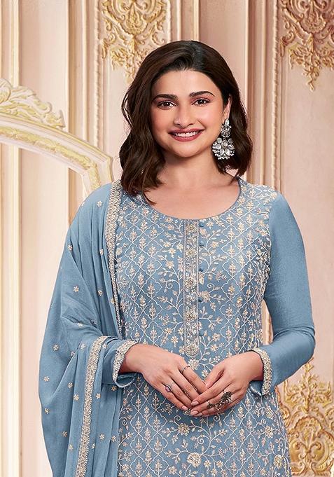 Buy Women Blue Embroidered Georgette Kurta Set - XKU00409 - Salwar ...