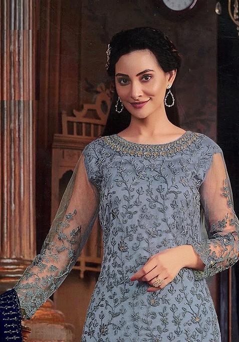 Buy Women Grey Embroidered Net Kurta Set - XKU00637 - Fits for sisters ...