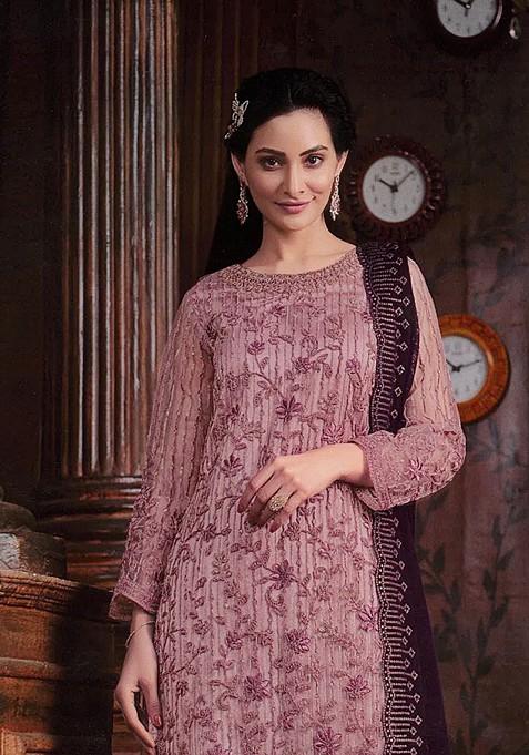 Buy Women Pink Embroidered Net Kurta Set - XKU00638 - Salwar Kameez - Indya