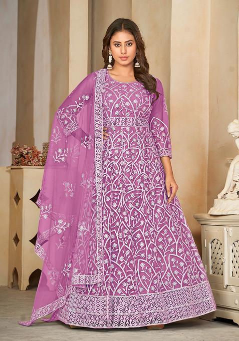 Buy Women Light Purple Embroidered Net Kurta Set - XKU00720 - Salwar ...