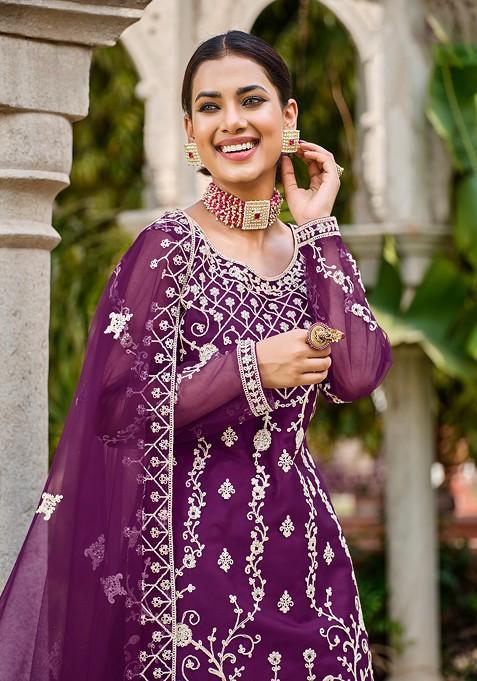 Buy Women Purple Embroidered Net Kurta Set - XKU00770 - Semi-Stitched ...