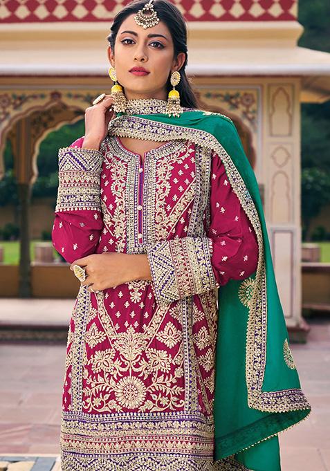Buy Women Pink Embroidered Art Silk Kurta Set - XKU00929 - Salwar Kameez - Indya
