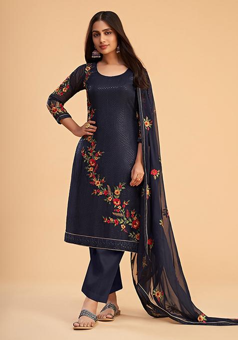 Buy Women Blue Embroidered Georgette Kurta Set - XKU01150 - Wedding ...