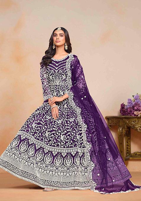 Buy Women Violet Dori Embroidered Net Kurta Set - XKU01161 - Salwar ...