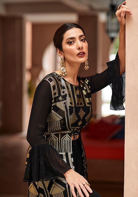 Buy Women Black Sequin Embroidered Georgette Jacket Set - XKU01181 ...