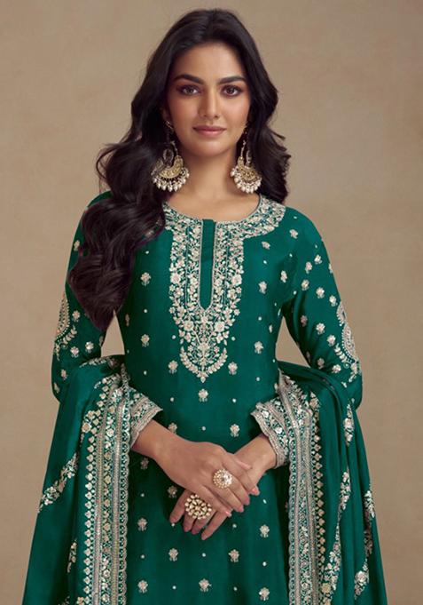 Buy Women Green Sequin Embroidered Silk Sharara Set - XKU01320 - Fits ...