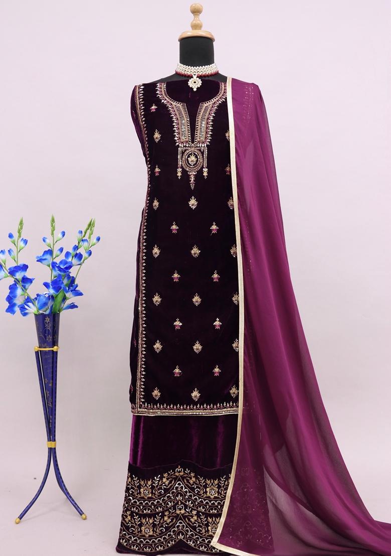 Buy Women Purple Embroidered Velvet Kurta Set - XKU06942 - Semi ...