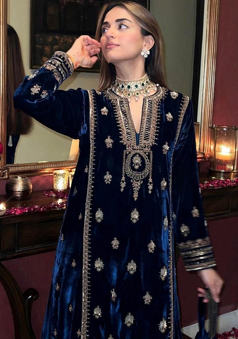 Buy Women Blue Embroidered Velvet Kurta Set - XKU08326 - Semi-Stitched ...