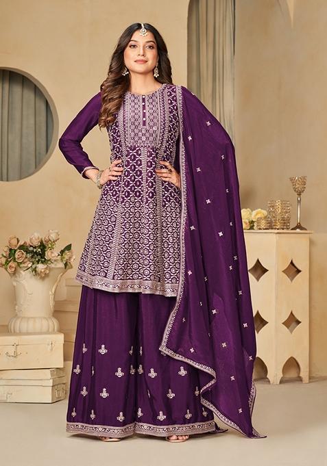Buy Women Purple Embroidered Pure Silk Blend Sharara Set - XKU08546 ...