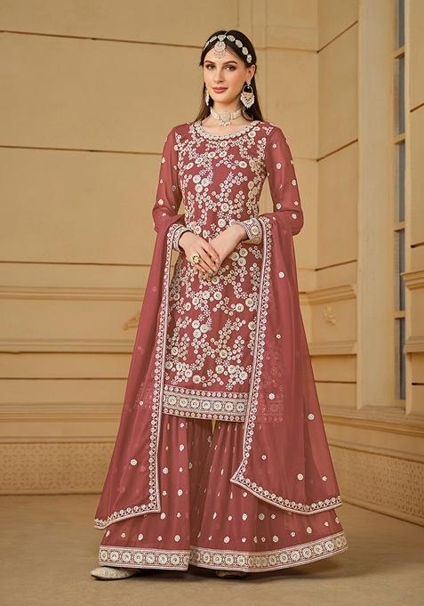 Buy Women Brown Embroidered Faux Georgette Sharara Set - XKU08550 ...