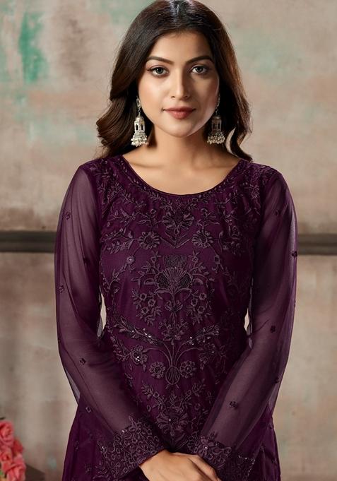 Buy Women Dark Purple Embroidered Net Kurta Set - XKU08617 - Ready to ...