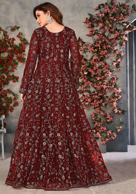 Buy Women Maroon Embroidered Net Anarkali Set - XKU09047 - Ready to ...